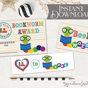 Bookworm Award Printable Set - Tags, Award Certificate, and Bookmark ...