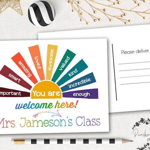 Editable Teacher Postcard to Students Boho Rainbow Welcome - Etsy