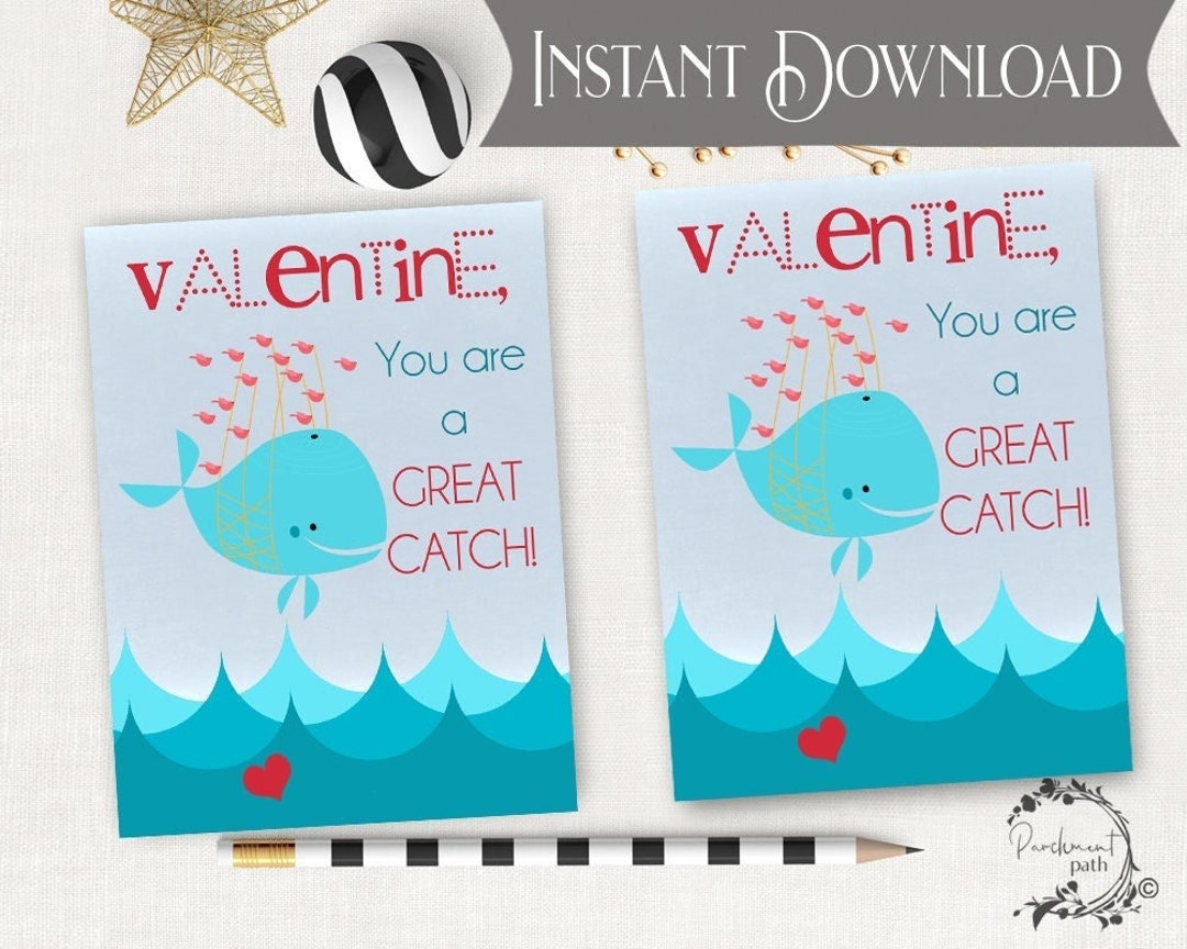 Whale Valentines INSTANT DOWNLOAD School Valentine, Classroom Valentine ...