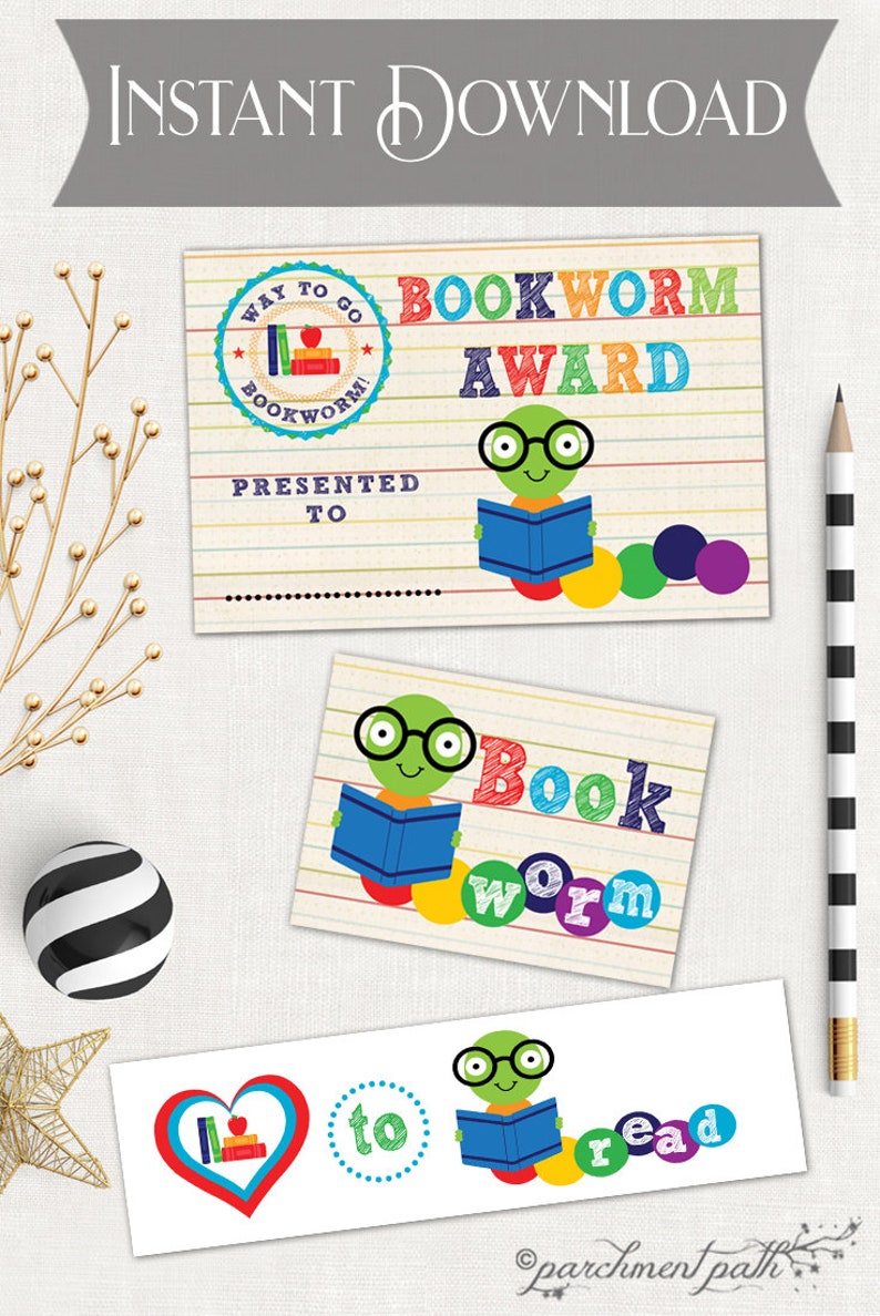 Bookworm Award Printable Set Tags Award Certificate and - Etsy