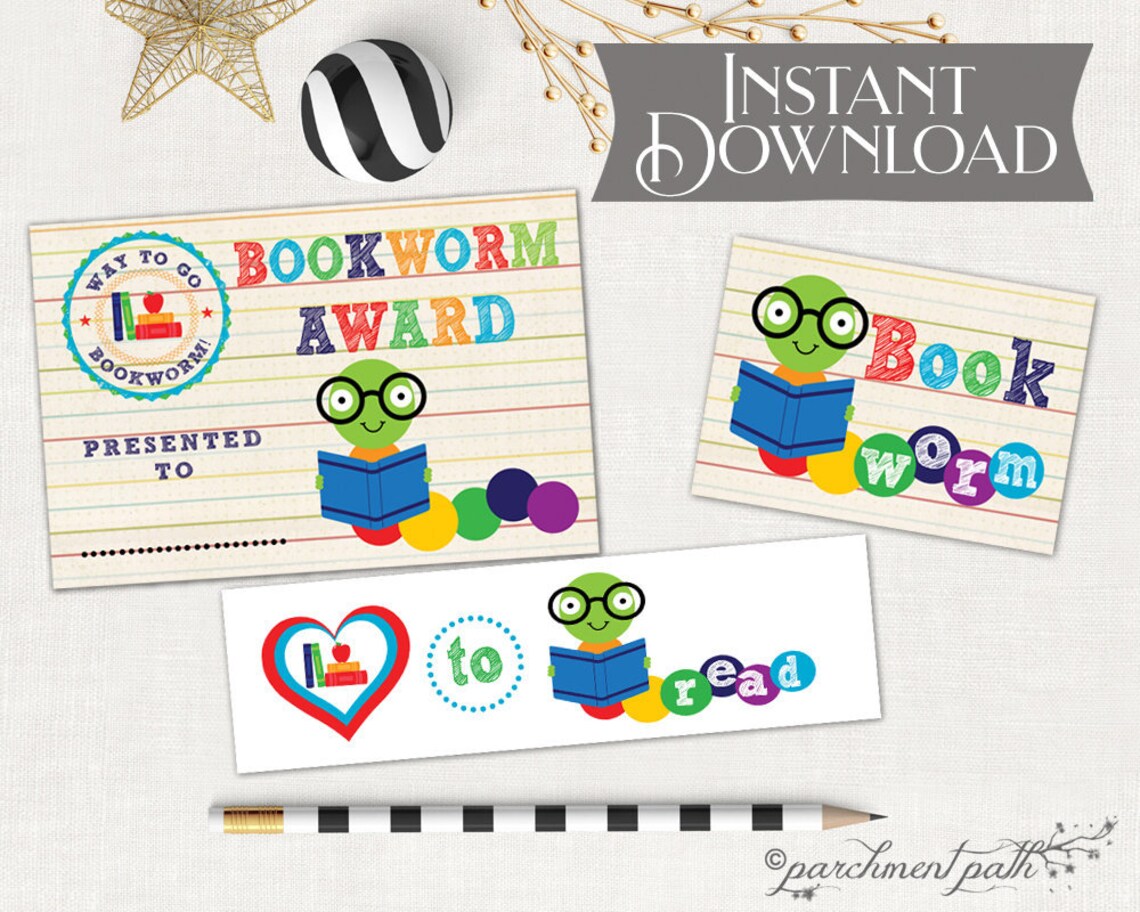 Bookworm Award Printable Set Tags Award Certificate and - Etsy