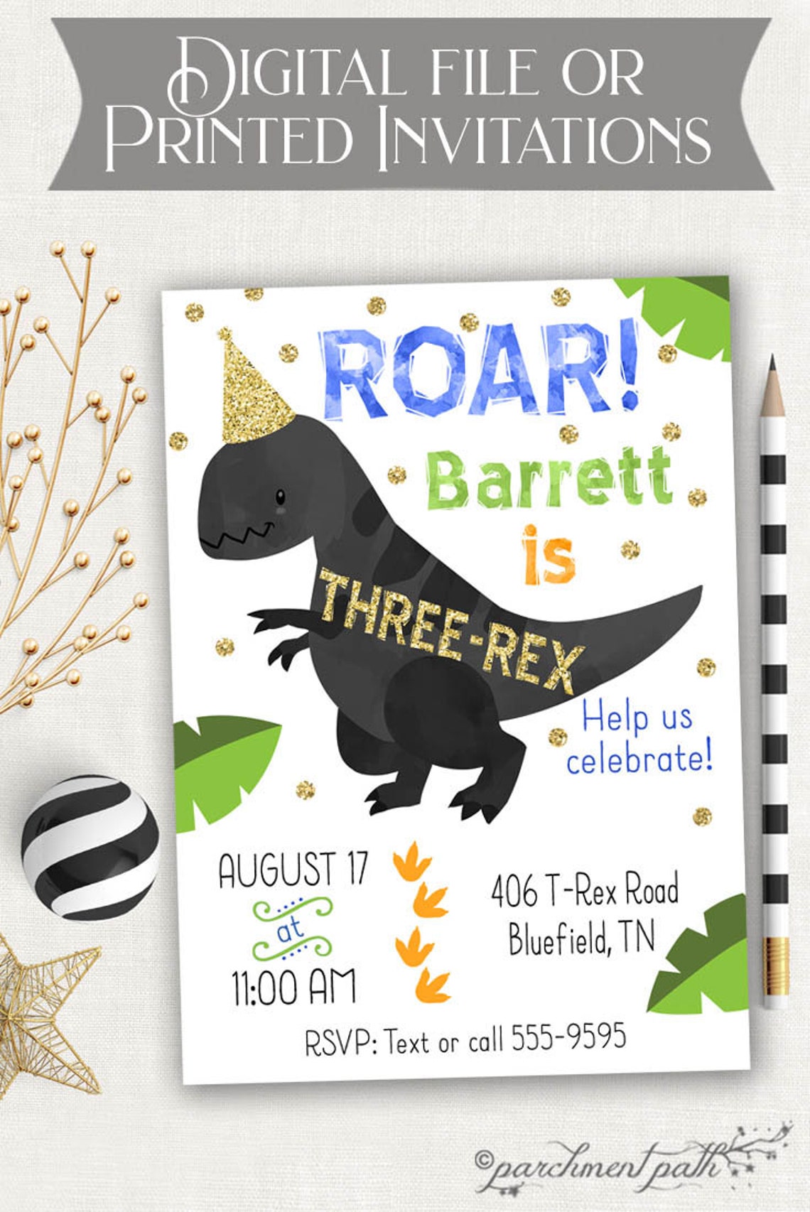 Three Rex Birthday Invitation Dinosaur Party Printable - Etsy