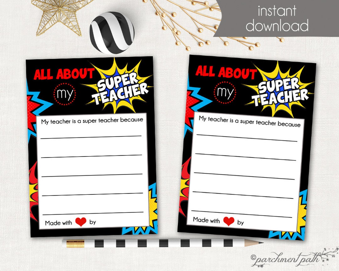 All About My Super Teacher - Printable - Teacher Gift - School ...