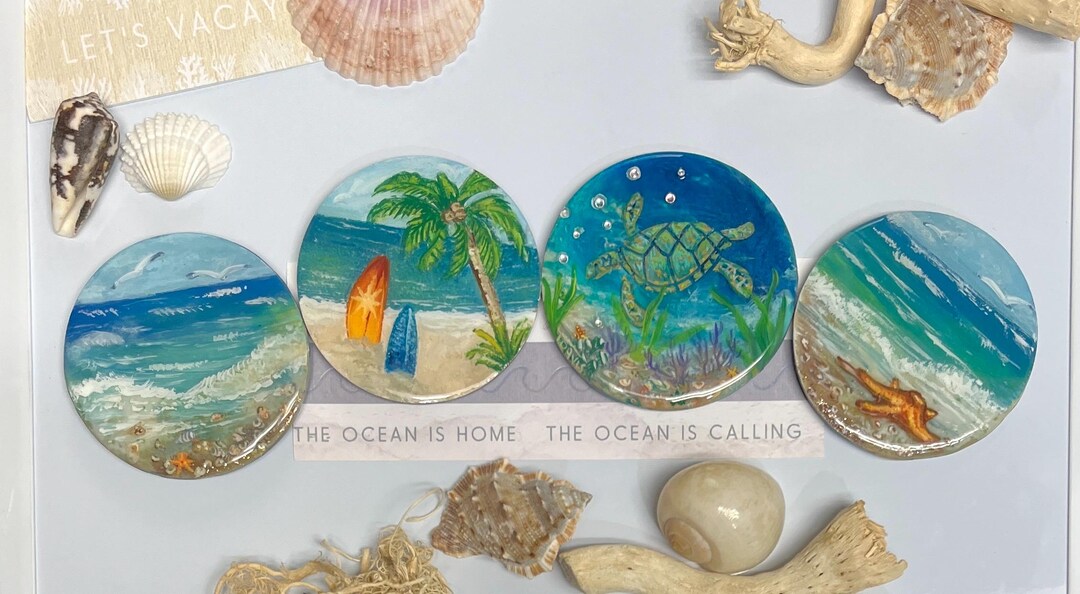 Hand Painted Coastal Magnet, Starfish, Surfboards, Sea Turtle, Ocean ...