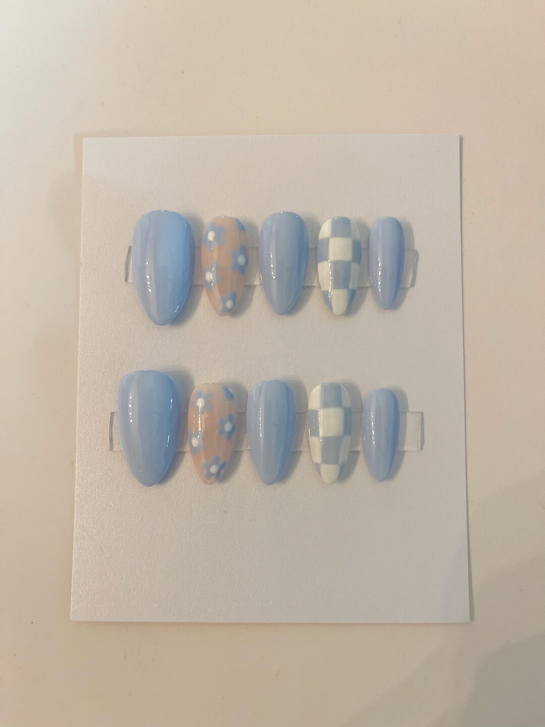 Blue Flower/checker Press on Nails - Etsy