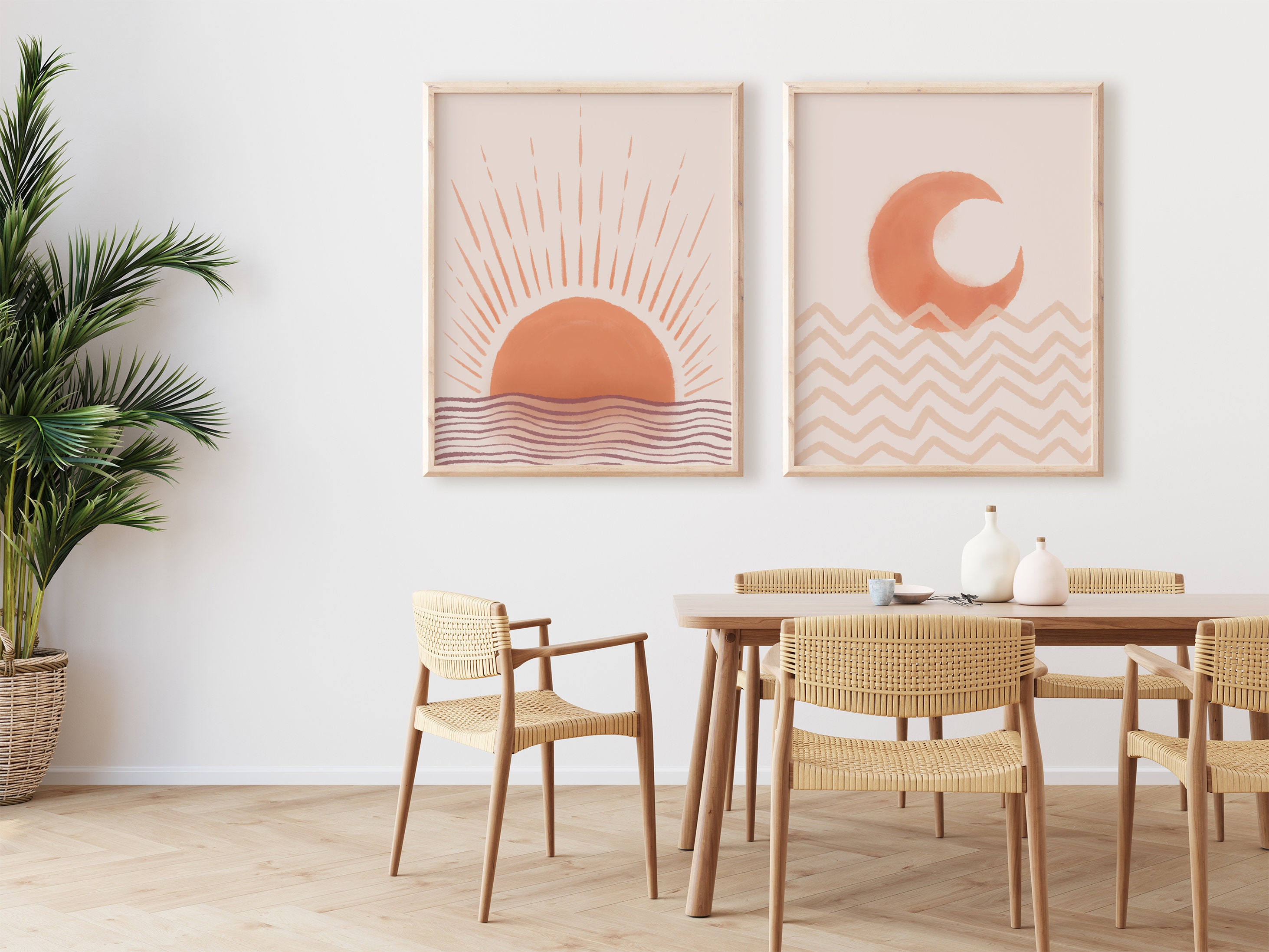 Boho Ocean Sun and Moon Print Set de 2, Paisaje abstracto, Terracota ...