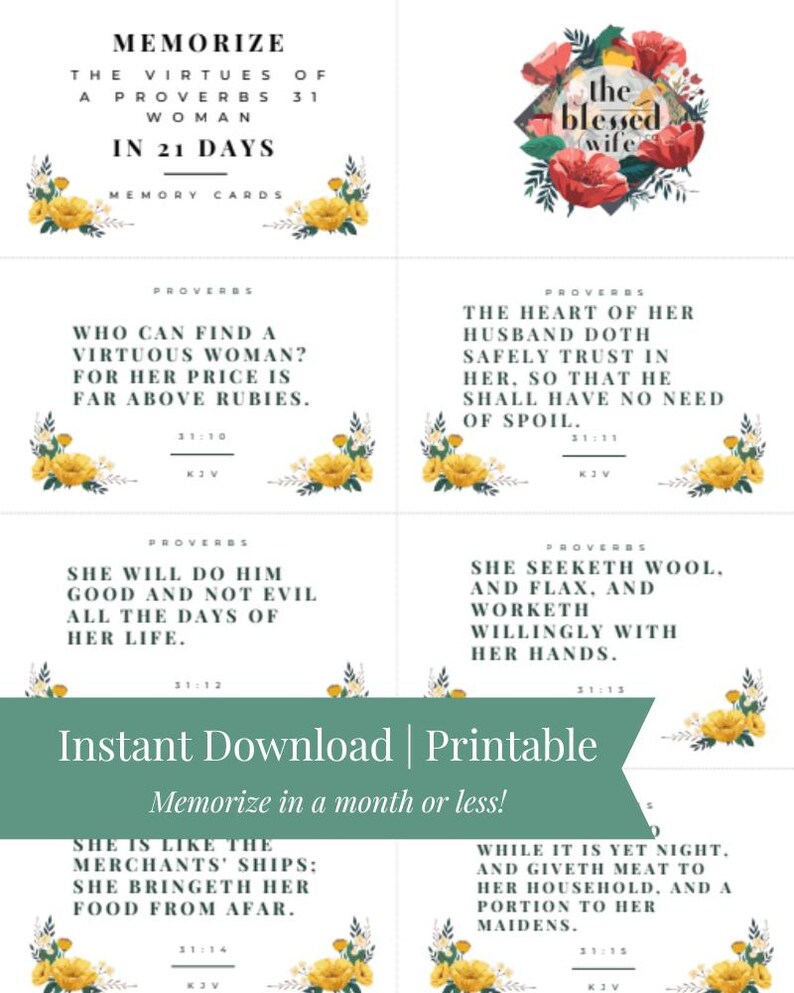 Bible Verse Memory Cards | Virtues of the Proverbs 31 Woman | Instant ...