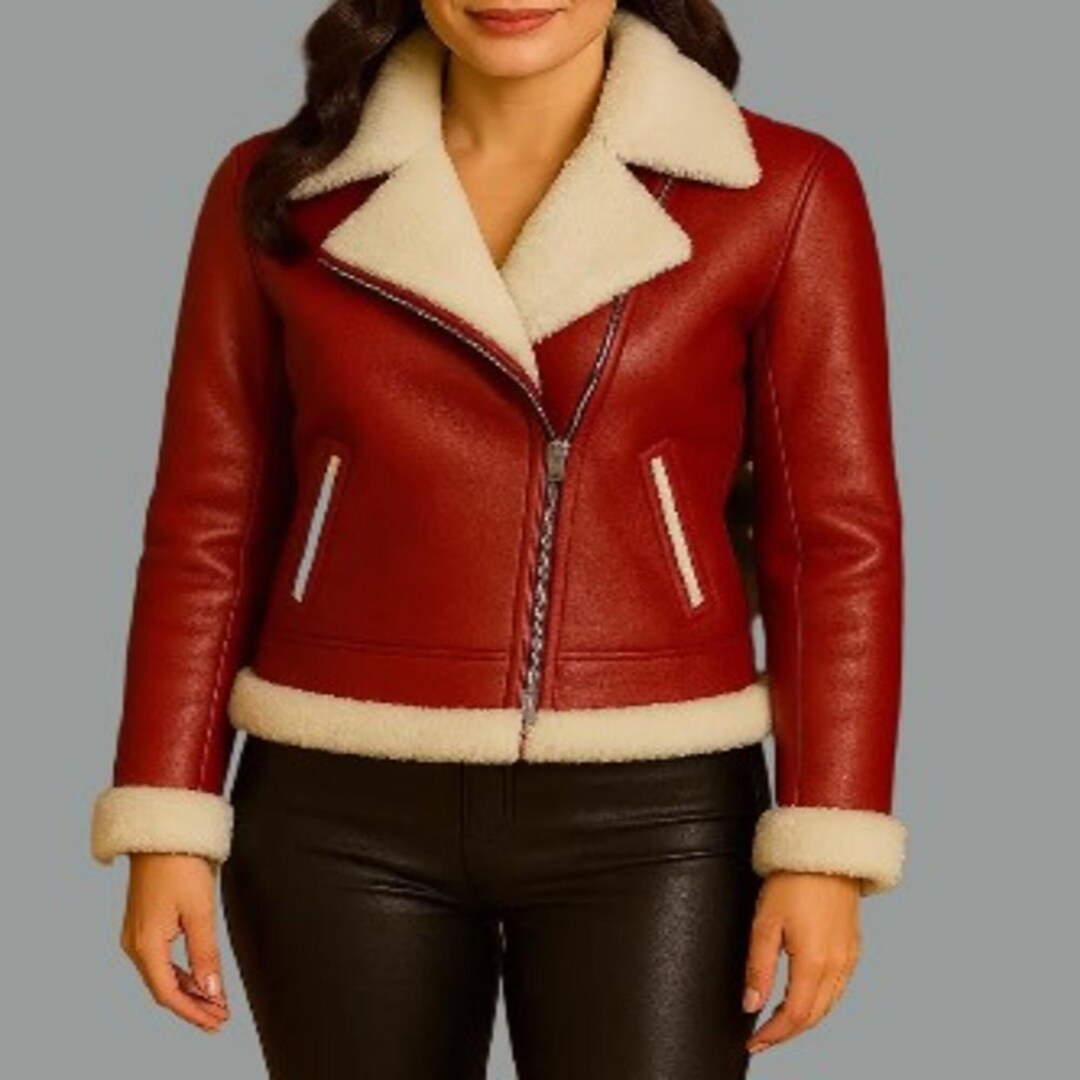Women’s Red Shearling Sheep Leather Jacket , Christmas Winter Coat ...