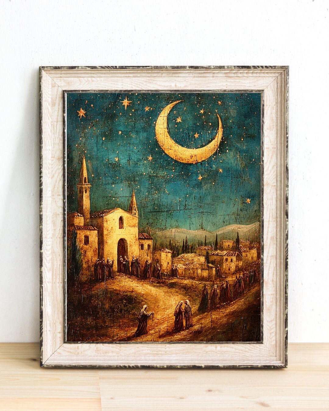Medieval Village Crescent Moon Art | Vintage Night Sky Painting ...