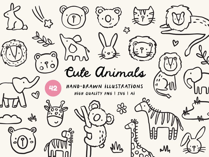 Animal Doodles Hand-drawn Clipart Bundle - Jungle, Koala, Lion, Bunny ...