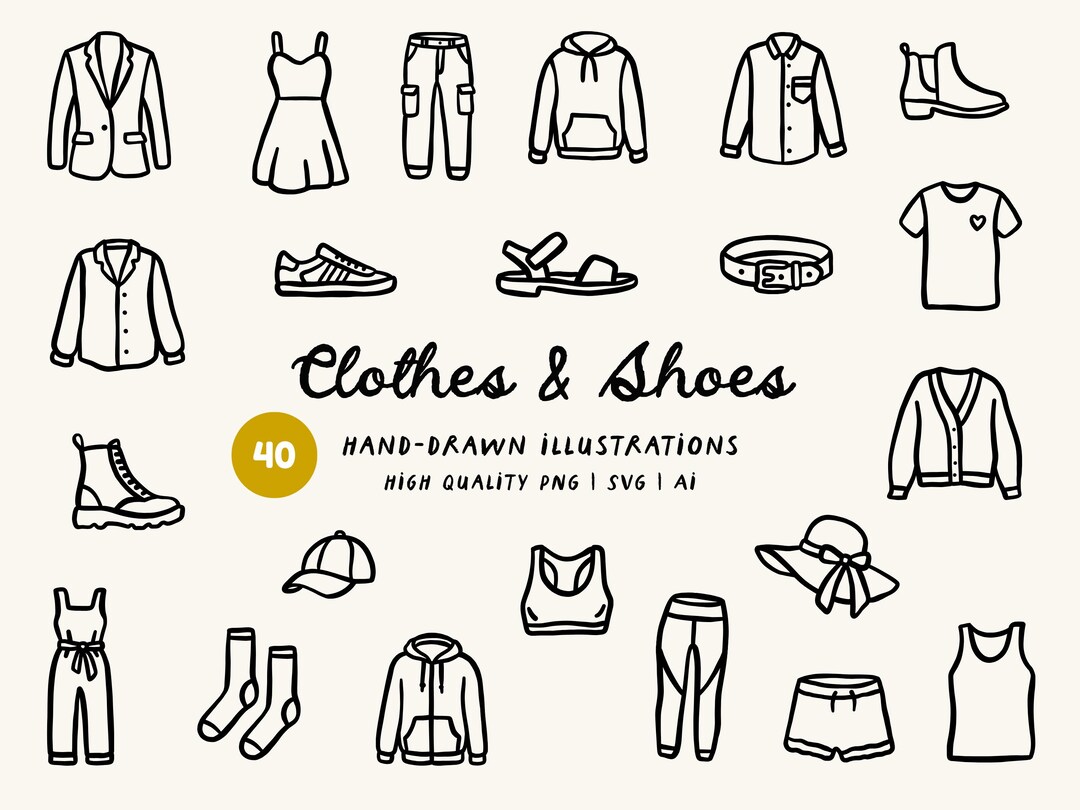 Clothes and Shoes SVG, PNG, Clipart: Hand-drawn Fashion Illustrations ...
