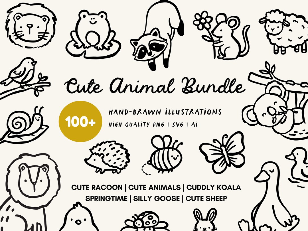 Animal Doodle Clipart Illustration Bundle, Mega SVG, PNG Bundle ...