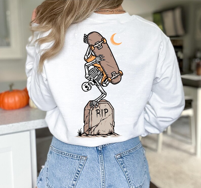 Skeleton Skate Sweatshirt, Spooky Skateboard Graphic, Halloween ...
