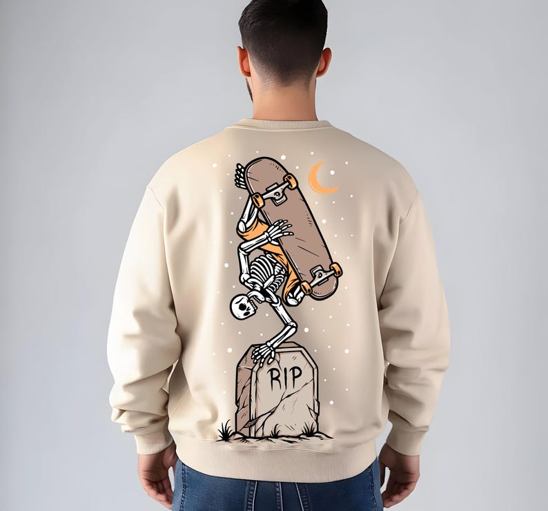 Skeleton Skate Sweatshirt, Spooky Skateboard Graphic, Halloween ...