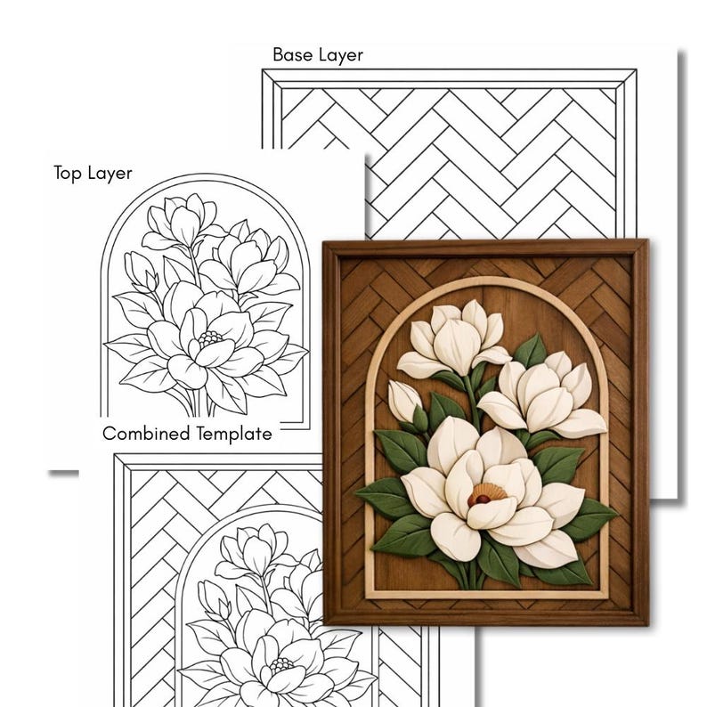 Magnolia Intarsia Scroll Saw Pattern | Layered Floral Woodworking Plan ...