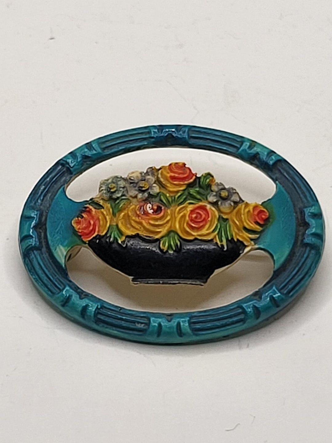 Vintage 1930s Painted Celluloid Brooch Floral Basket Design Art Deco ...