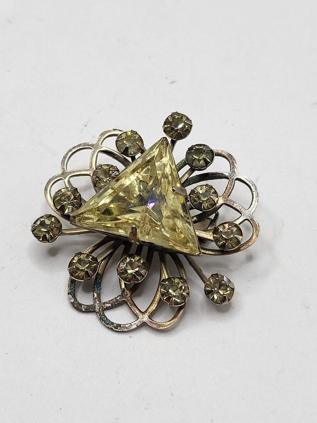 Vintage Yellow Triangle Rhinestone Brooch Mid Century Wearable Jewelry ...