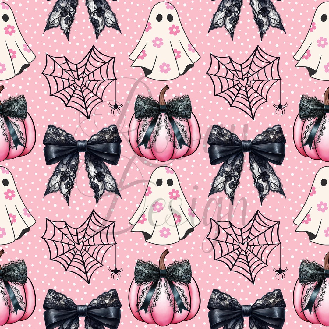 Cute Ghosts, Pumpkins, Spiderwebs, Bows | Pink | Halloween | Seamless ...
