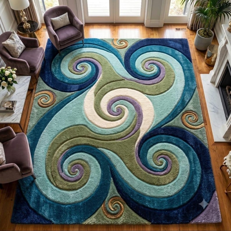 Luxury Ocean Swirl Abstract Area Rug – Modern Artistic Spiral Carpet ...