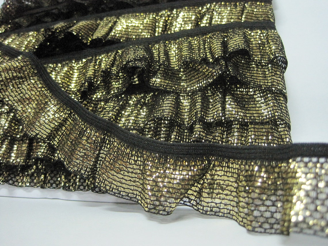 5 Yards Gold Metallic and Black Ruffle Elastic Trim Ruffle - Etsy