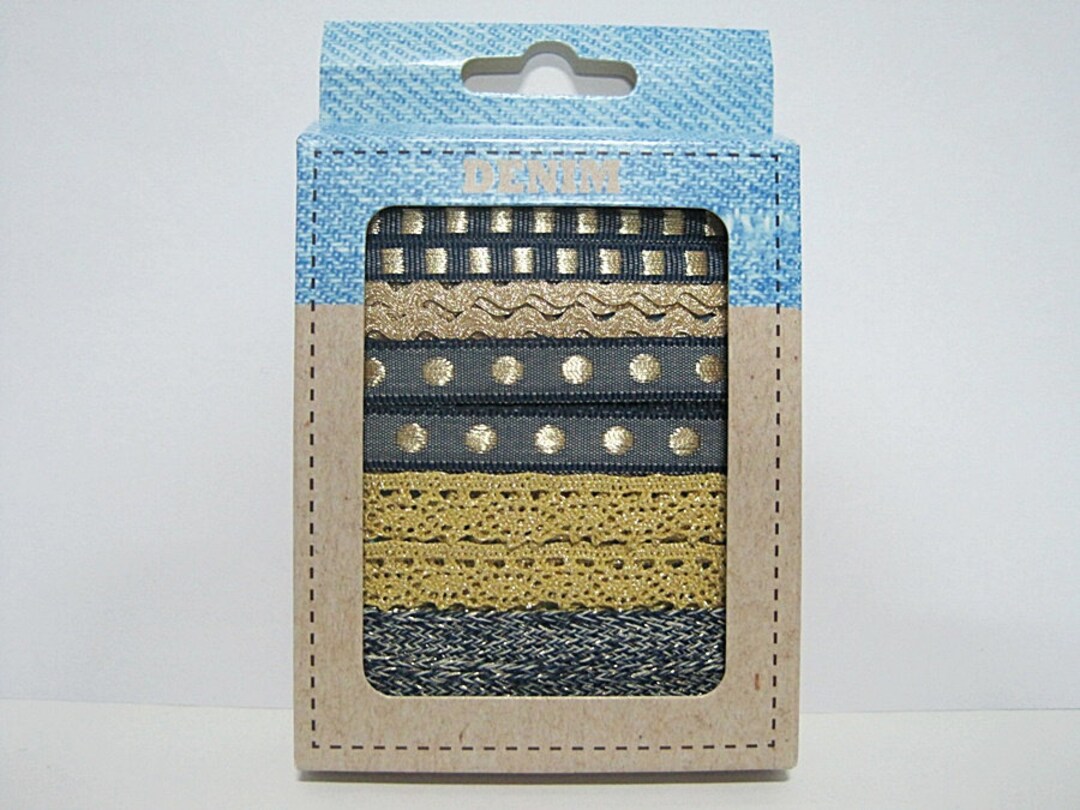 Denim Trim Set 1, Trim Set, Blue Trim, Gold Trim, Gold Crochet Lace ...