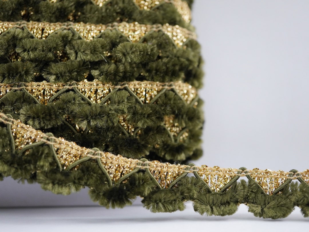 5 Yard of Gold Metallic Dark Green Chenille Braided, Chenille Trim ...