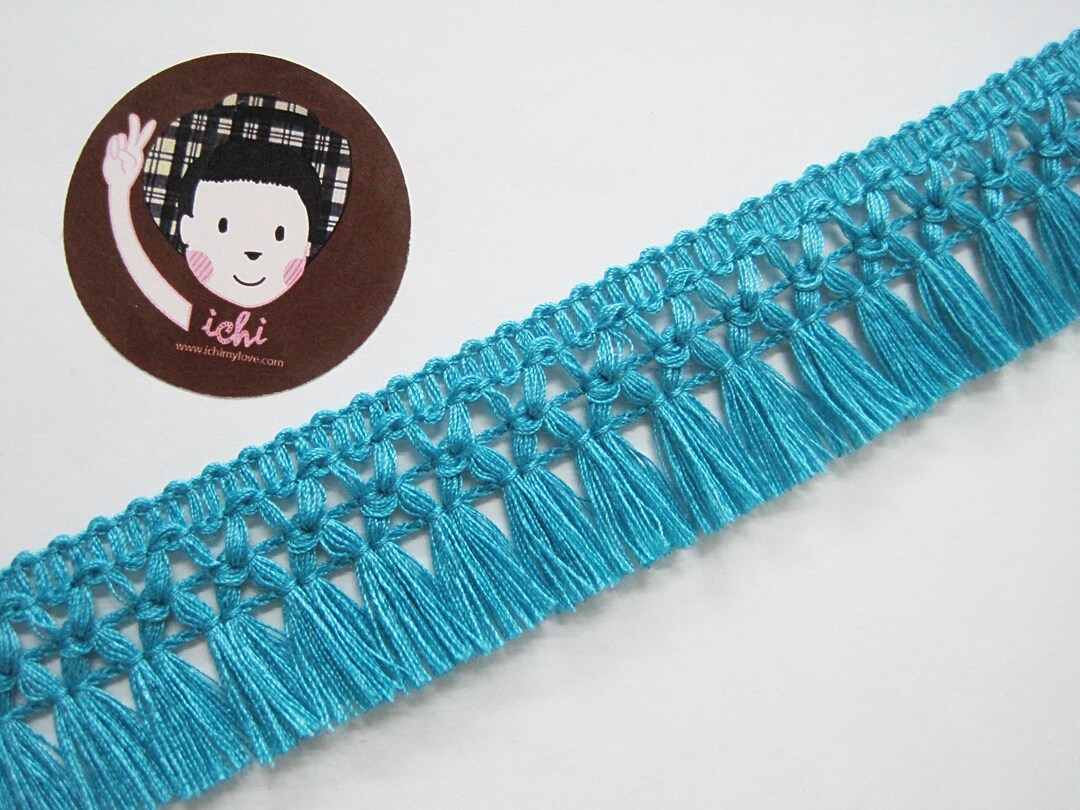 5 Yd 1-1/4" Aqua Blue Cotton Tassel Trim, Blue Trim, Blue Tassel Fringe ...