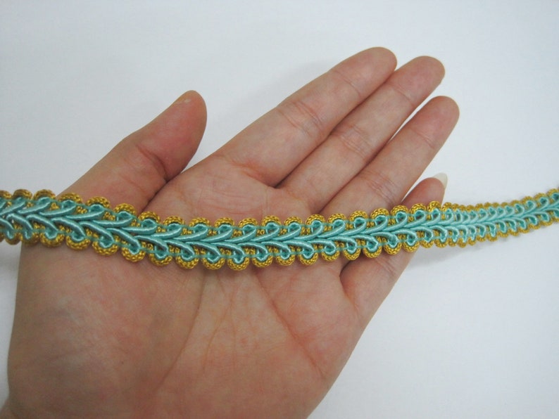5 Yards 1/2" Aqua Green Gimp Braided Gold Edge, Gimp Braid, Braided ...