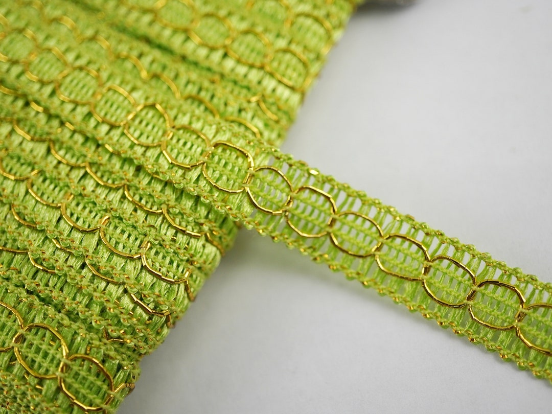 5 Yards Lime Green Ribbon With Gold Metallic, Gimp Braid, Flat Braided ...