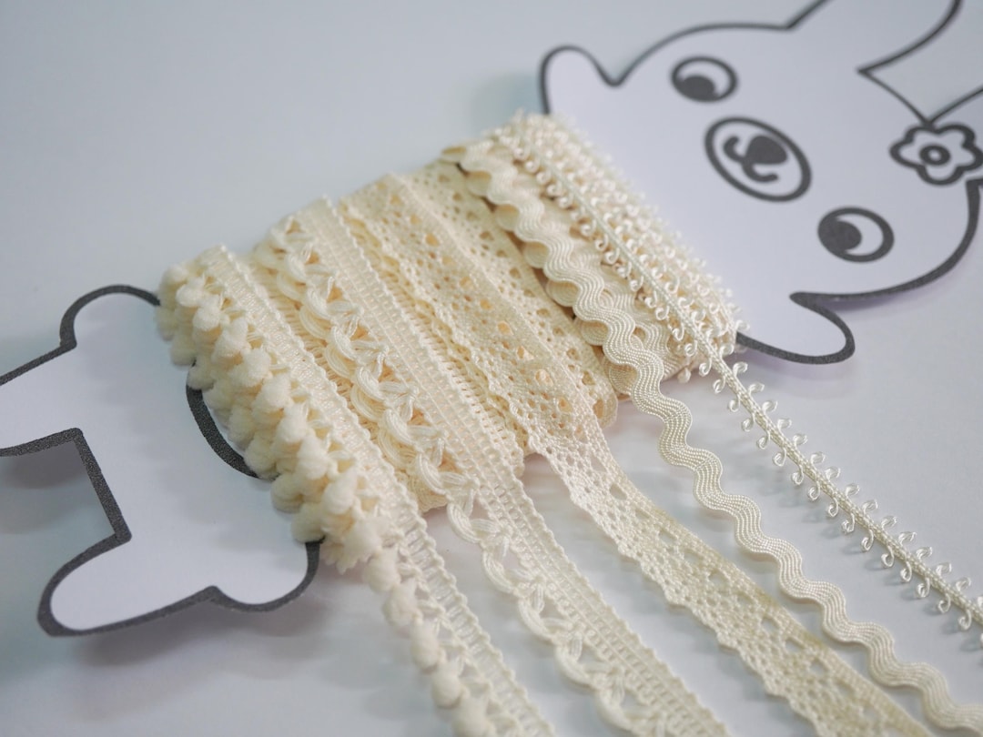 5 Yards Cream Trim Set, Rabbit Set, Lace Trim, Pom Pom Trim, Rick Rack ...