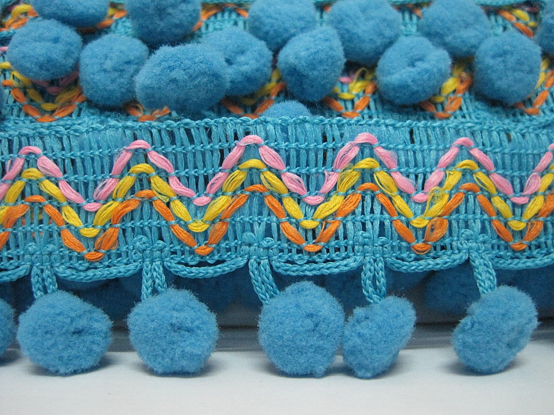 5 Yards Turquoise Boho Large Pom Pom Trim, Wholesale Trim, Boho Pom Pom ...