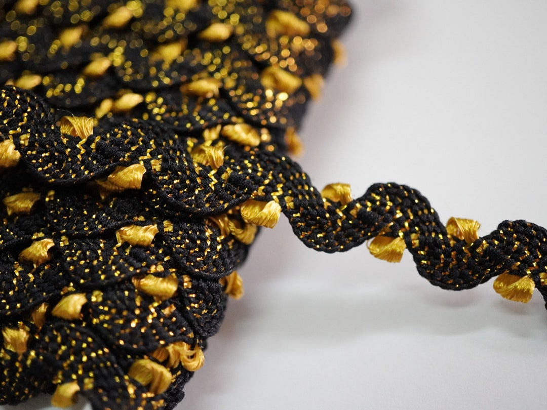 5 Yards Black Rick Rack With Gold Glitter and Classic Gold Picot, Black ...
