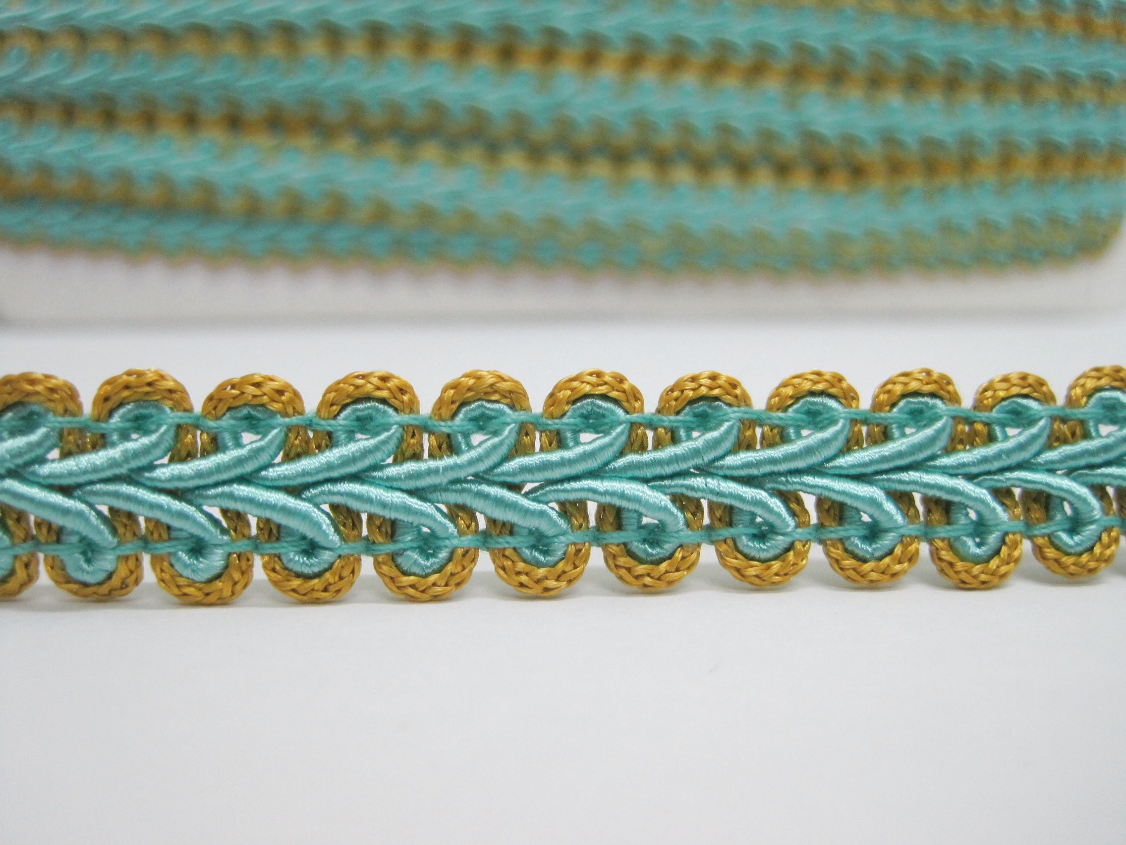 5 Yards 1/2" Aqua Green Gimp Braided Gold Edge, Gimp Braid, Braided ...
