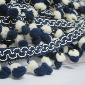 5 Yards NAVY BLUE-CREAM Mini Pom Pom Trim, 2 Tone Pom Pom Trim, Pom Pom ...