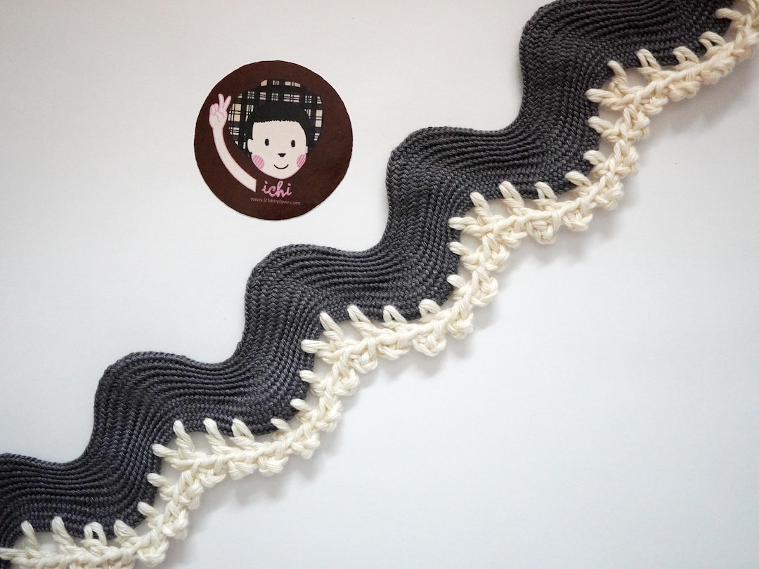 Dark Gray Crocheted Rick Rack Trim, Handmade Crochet Lace, Jumbo Rick ...