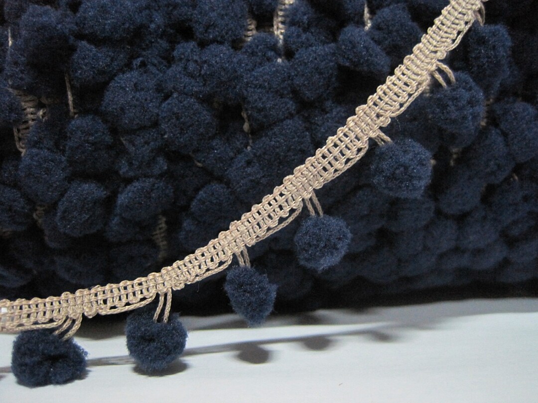 5 Yards Deep Navy Blue Mini Pom Pom With Warm Gray Trim, Mini Pom Pom ...