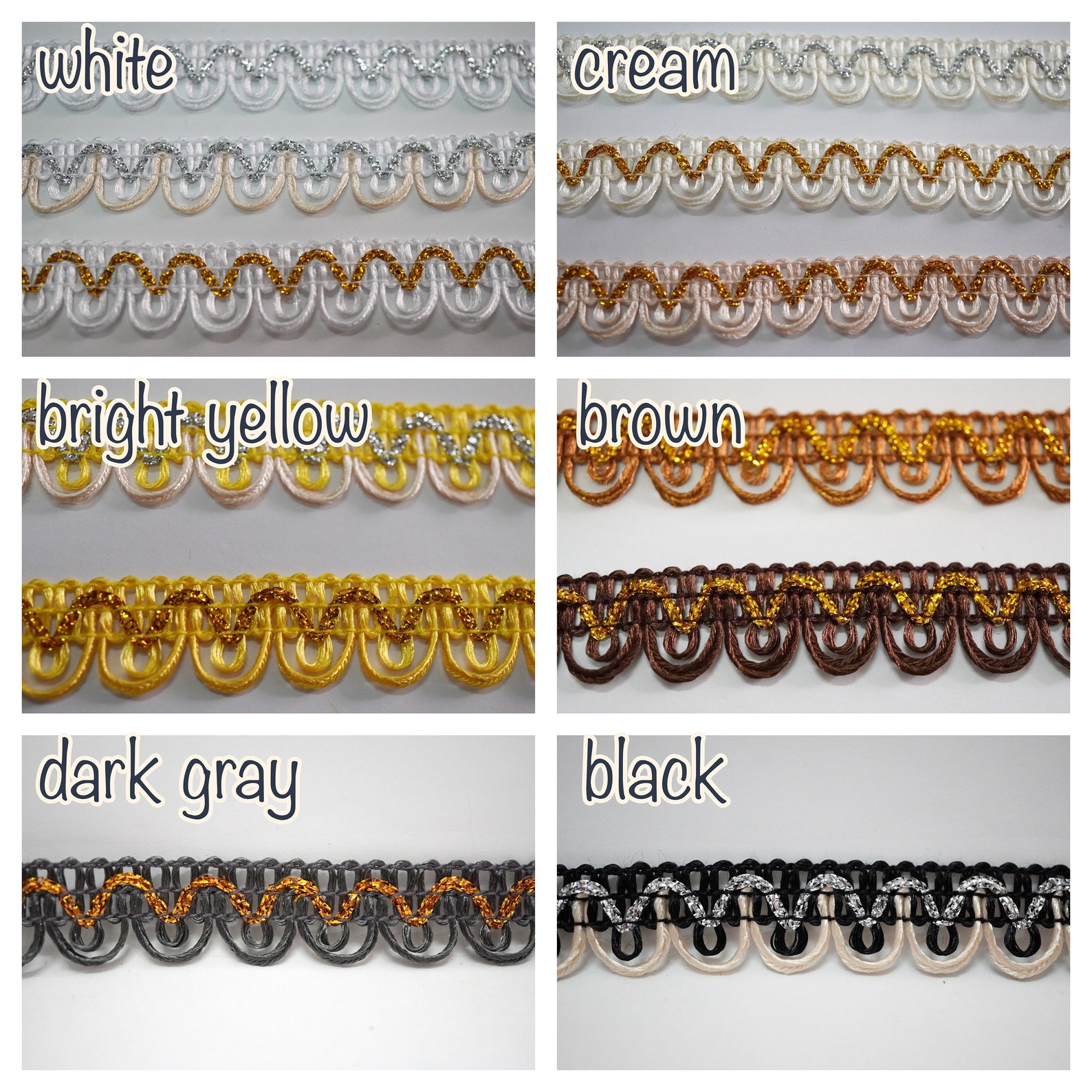 5 Yards 5/8" Black Loop Trim With Silver Metallic, Loop Trim, Braided ...