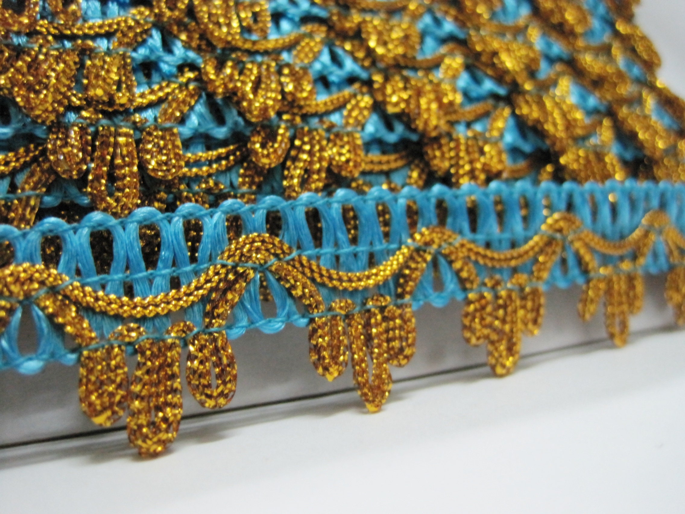 5 Yards 1" Lace Trim, Turquoise-gold Lace Trim, Wide Lace, Gimp Braid ...