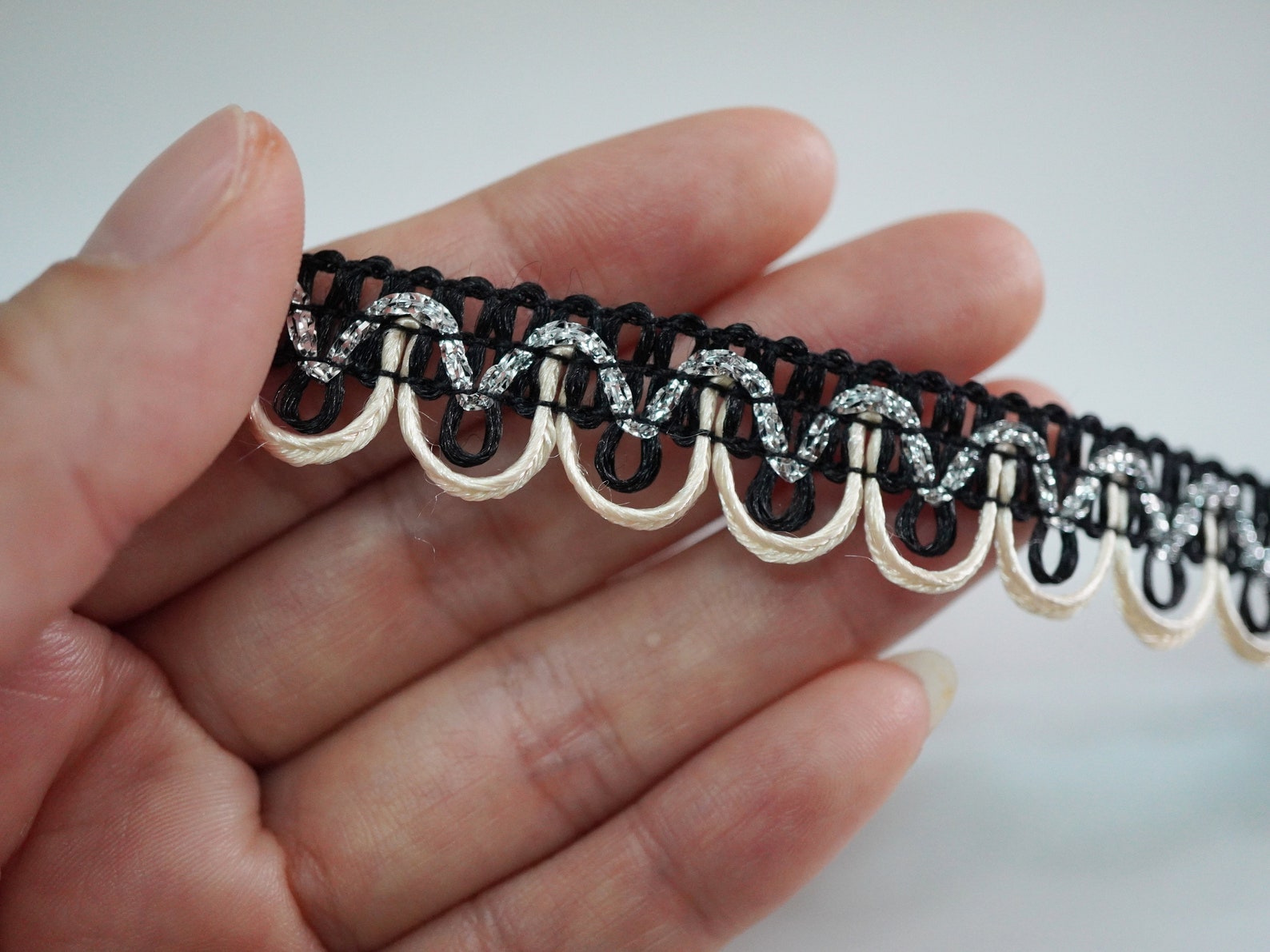 5 Yards 5/8" Black Loop Trim With Silver Metallic, Loop Trim, Braided ...