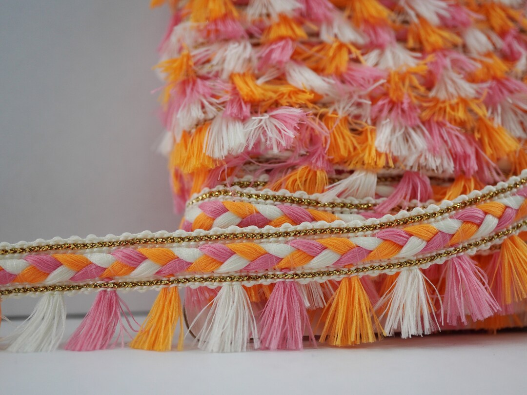 5 Yards 1" Orange-pink-cream Tassel Braided Trim With Gold Metallic - Etsy
