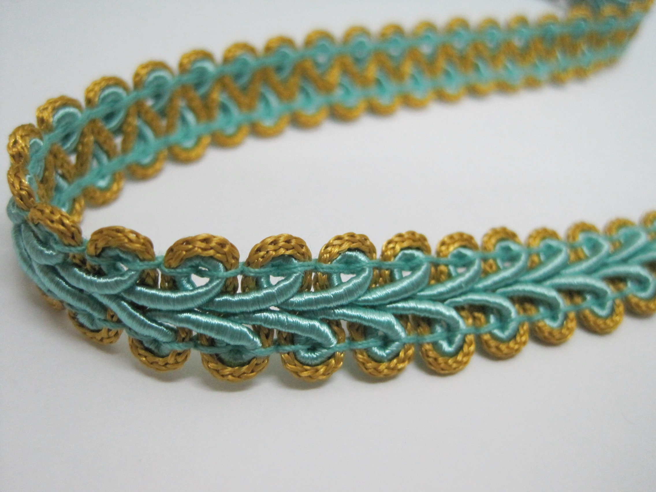 5 Yards 1/2" Aqua Green Gimp Braided Gold Edge, Gimp Braid, Braided ...