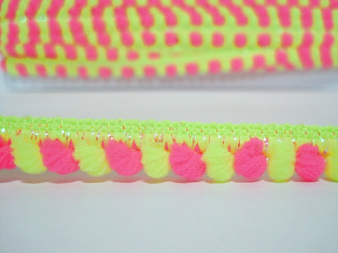 5 Yards Mini Pom Pom Trim, Sparkly Two-tone Neon Yellow-pink (pom Size ...