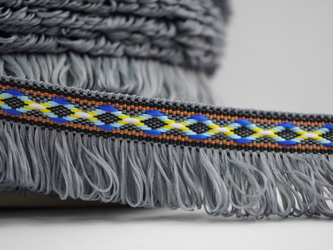 5 Yards 1" Gray Boho Loop Trim, Gray Tassel Trim, Tassel Trim, Tassel ...
