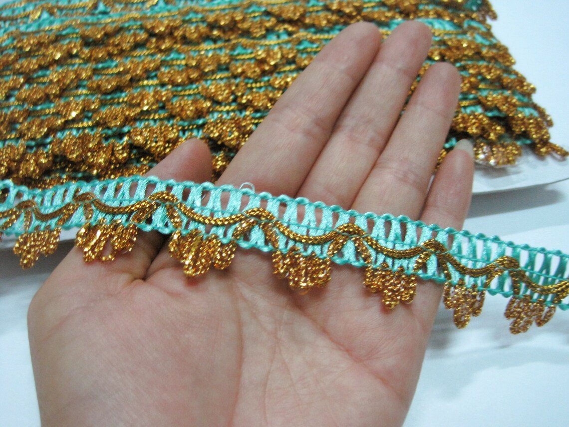 5 Yards 1 Lace Trim Aqua Green-Gold Lace trim Wide | Etsy