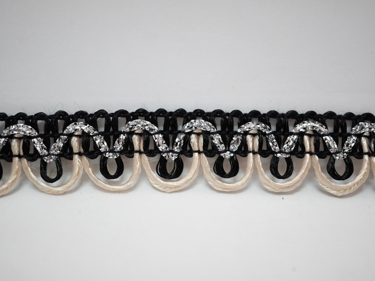 5 Yards 5/8" Black Loop Trim With Silver Metallic, Loop Trim, Braided ...
