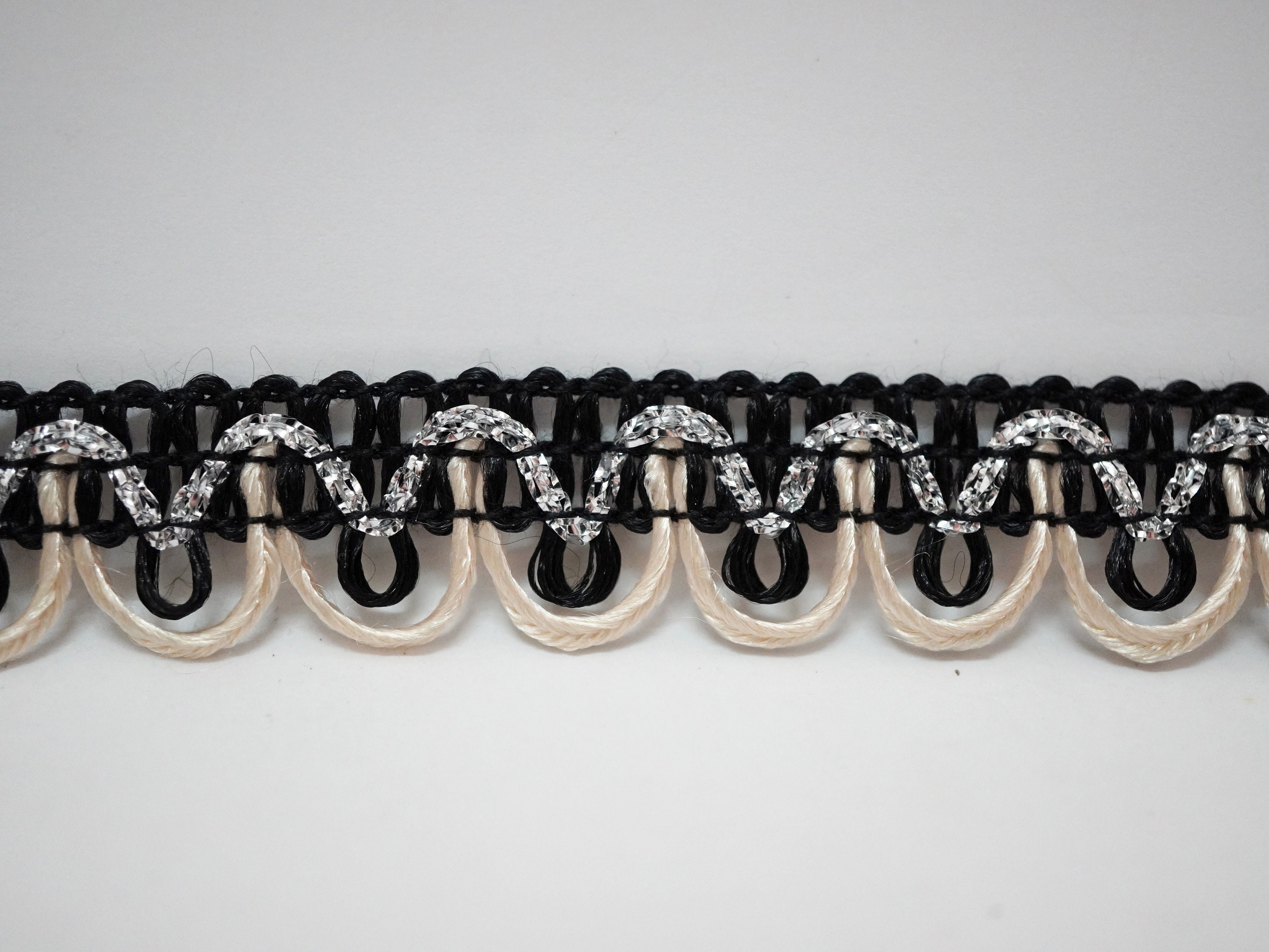 5 Yards 5/8" Black Loop Trim With Silver Metallic, Loop Trim, Braided ...