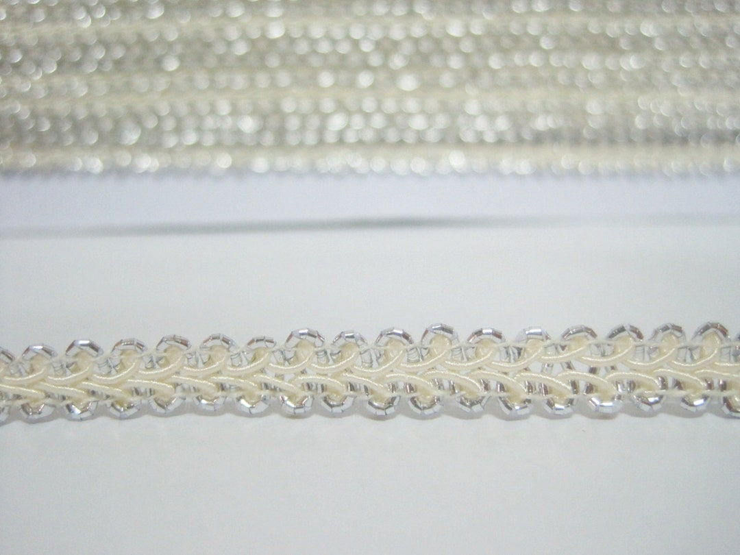 5 Yards 1/4" Cream Gimp Braided Silver Edge, Gimp Braid, Braided Cord ...