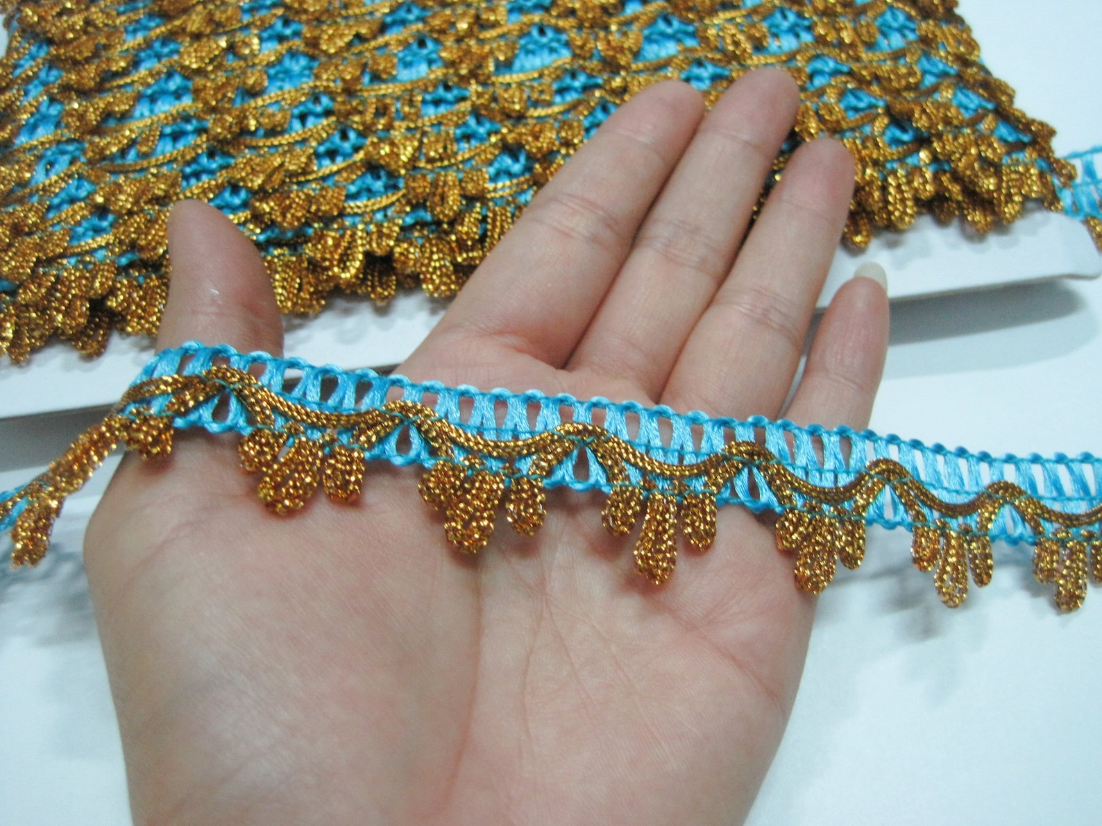 5 Yards 1" Lace Trim, Turquoise-gold Lace Trim, Wide Lace, Gimp Braid ...