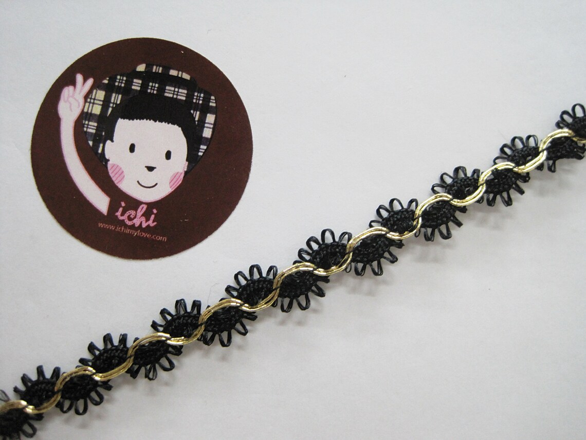 5 Yards Black Picot Rick Rack With Gold Braided, Black Trim, Black Lace ...