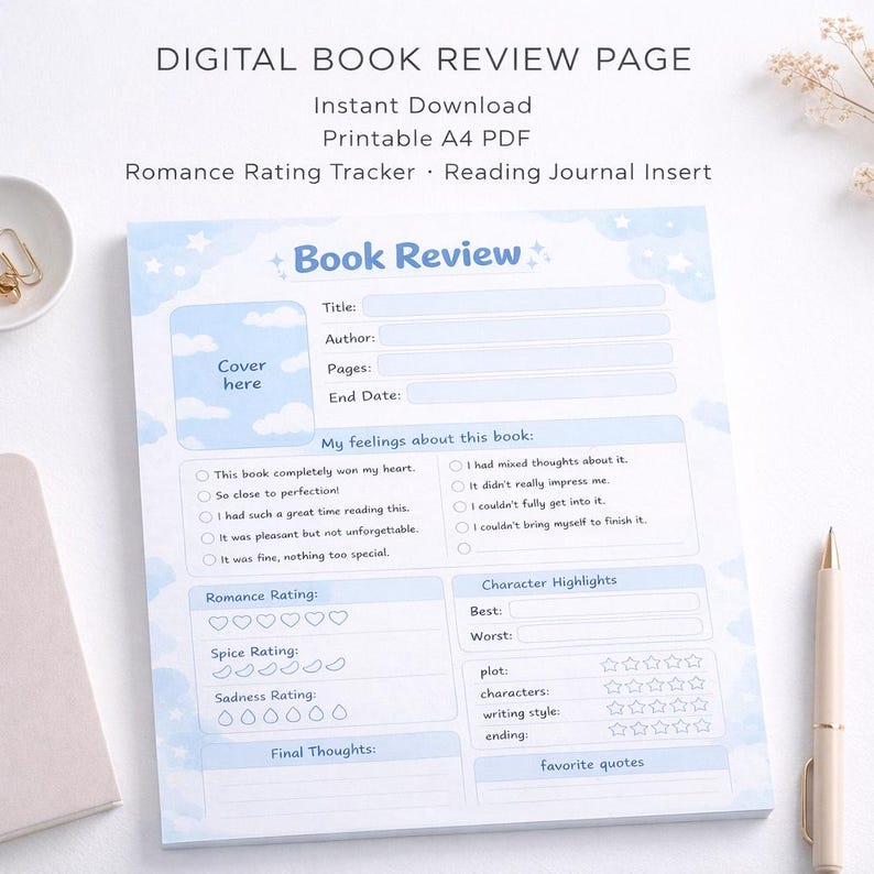 Blue Cloud Book Review Page Printable A4 | Cute Reading Journal ...